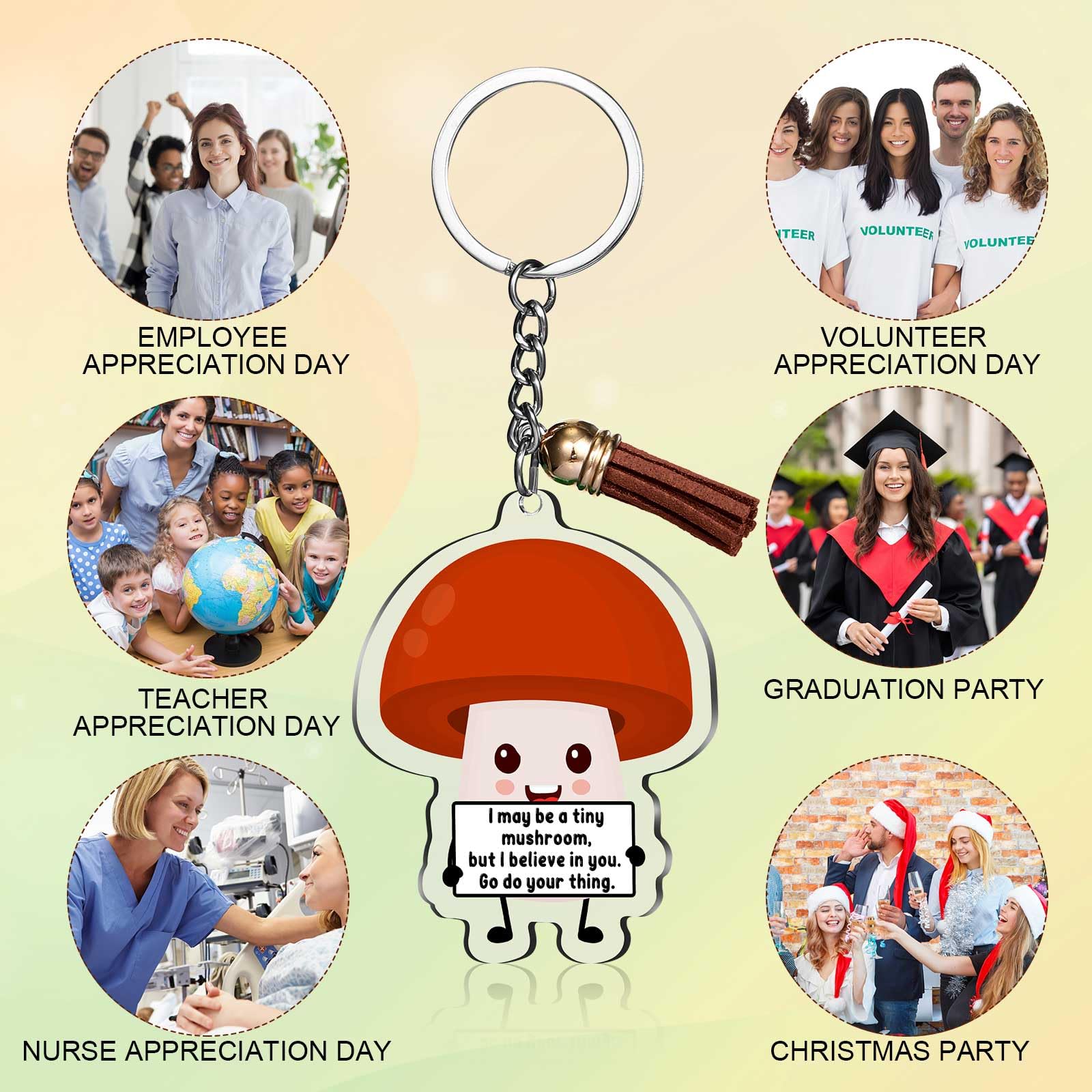 Siifert 20 Sets Emotional Support Keychain Bulk with Tassels Employee Appreciation Gift Acrylic Potato Pickle Mushroom Christmas Gift