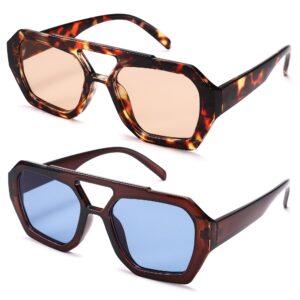 hycredi retro aviator sunglasses for women men, trendy hexagonal thick frame shades square double bridge sun glasses - brown/blue + leopard/light brown