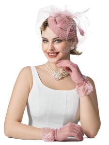 sweetv fascinators pillbox hats for women, tea party hat and short lace gloves set for kentucky derby, cocktail, wedding, fancy dress party, dusty pink