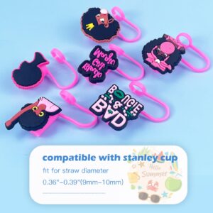 6Pcs Pink Black Girl Straw Covers Cap for Stanley Cup，Cute Silicone Straw Topper for 10mm Drinking Straw Tip Covers Stanley Cup Accessories