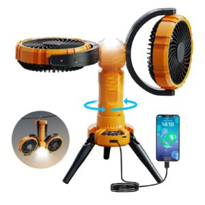 nifbang double head camping fan with led light,8000mah rechargeable battery powered tripod tent fan,270° oscillating portable fan 360° rotation with hook for home,outdoor,bedroom,canopy,travel,fishing