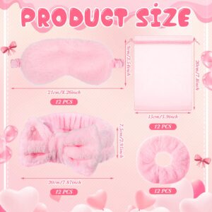 Mimorou 48 Pieces Spa Sleepover Party Supplies 12 Pink Spa Headband 12 Pink Plush Sleep Eye Mask 12 Pink Velvet Scrunchies 12 Organza Bags for Slumber Party Spa Party Favors Gift