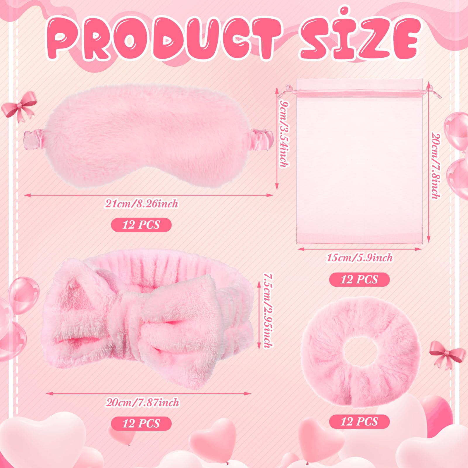 Mimorou 48 Pieces Spa Sleepover Party Supplies 12 Pink Spa Headband 12 Pink Plush Sleep Eye Mask 12 Pink Velvet Scrunchies 12 Organza Bags for Slumber Party Spa Party Favors Gift