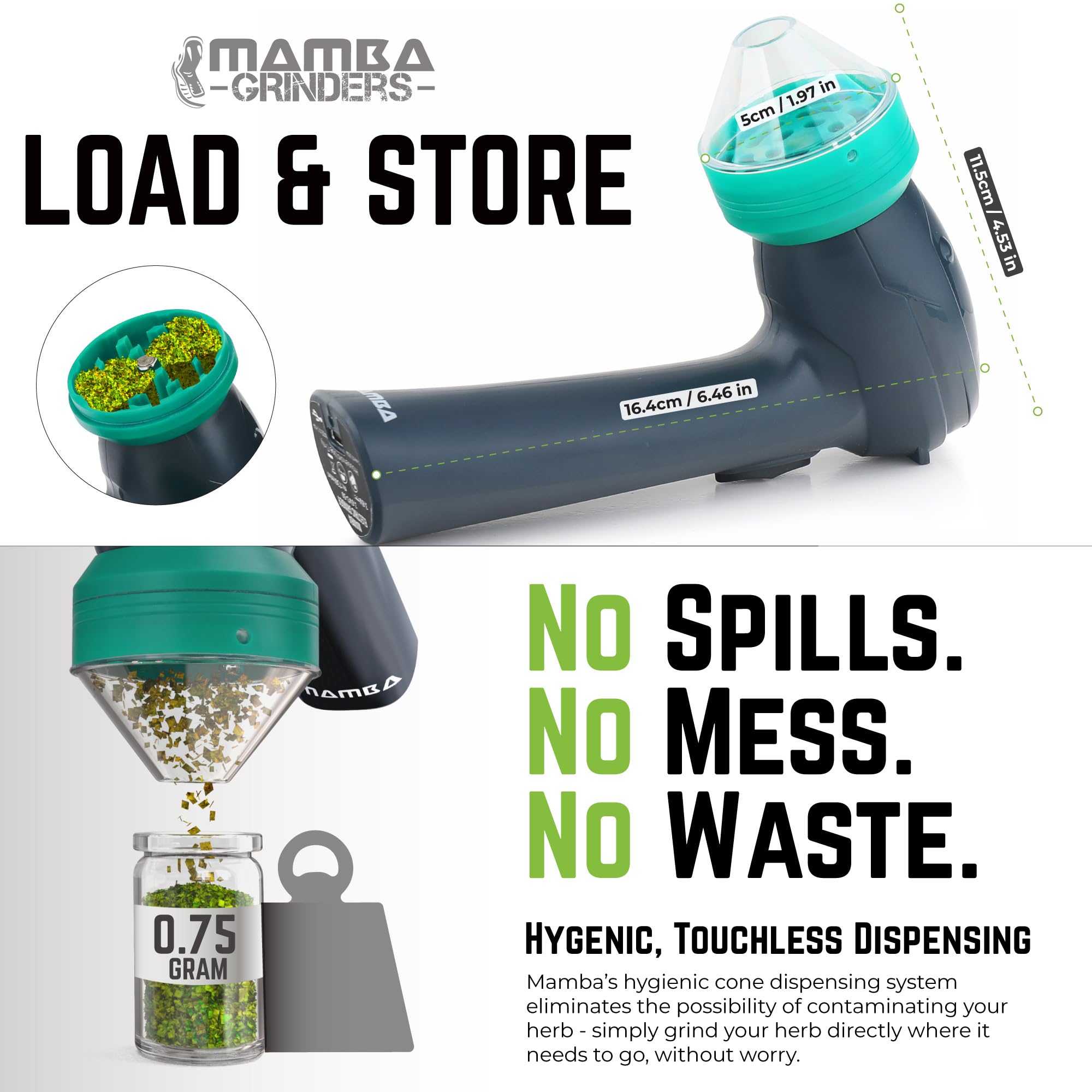 Mamba Lite 0.75g All-Plastic Head Electric Portable Herb Grinder. USB Rechargeable Powered for Easy One Handed Machine Grinding (Gray)