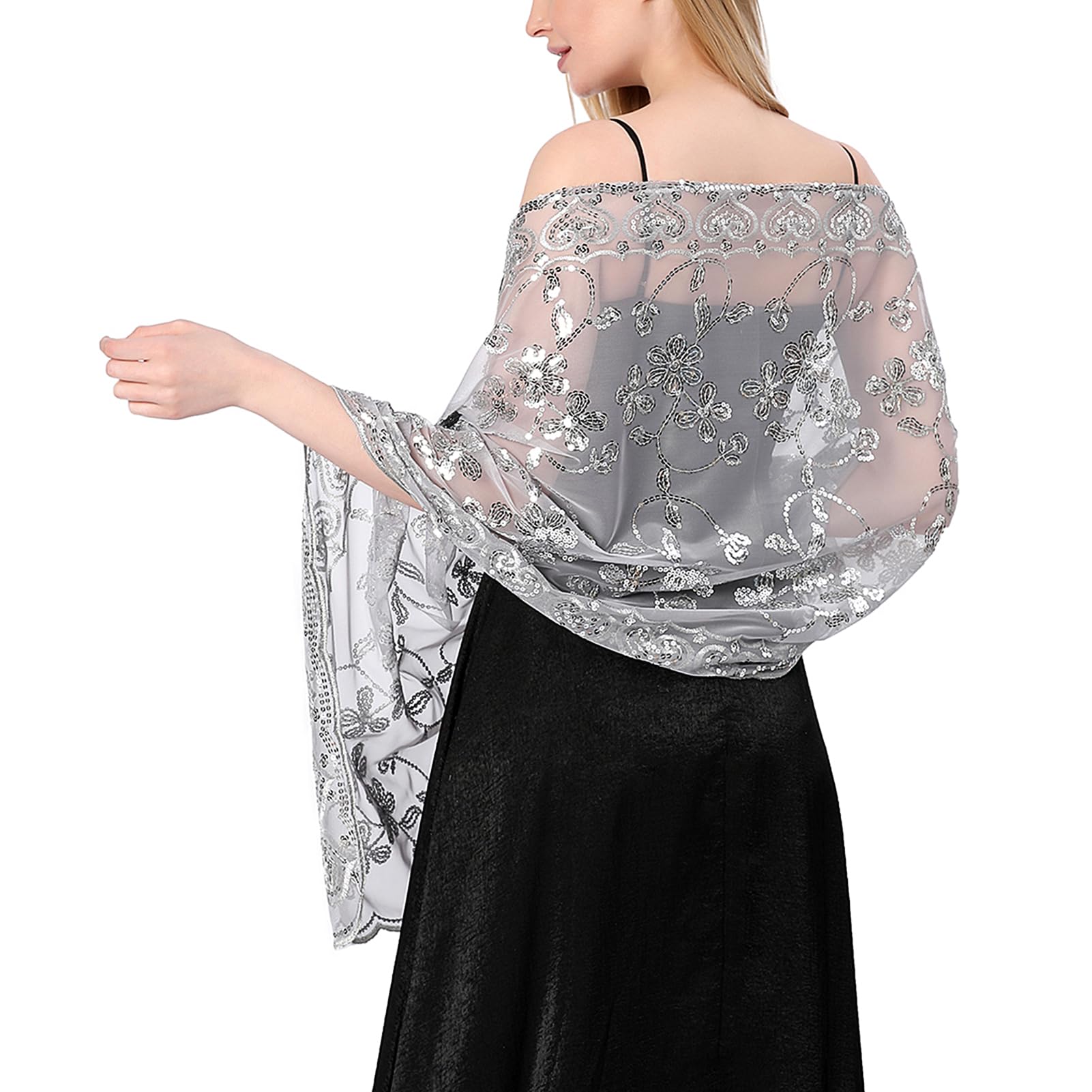 Ladiery Sequin Floral Shawls and Wraps for Evening Dresses,Women sparkly Sheer Mesh Wedding Shawls for Evening Party