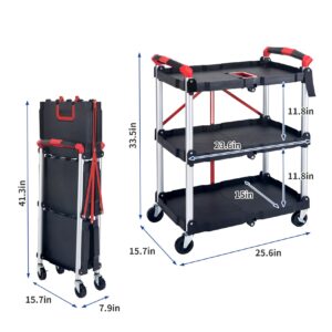 UNICOO Foldable Plastic Utility Cart, Heavy Duty, 3-Tier Rolling Service Cart with Lockable & Silent Wheels, Anti-Rust & Easy Clean for Restaurant, Office, Garage & More, 25.6x15.7x33.5 (Black + Red)