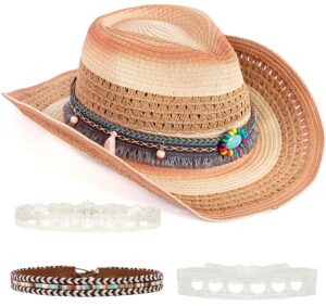 cowboy cowgirl straw hat with bands for women - western with wide brim for coastal sun beach summer ivory