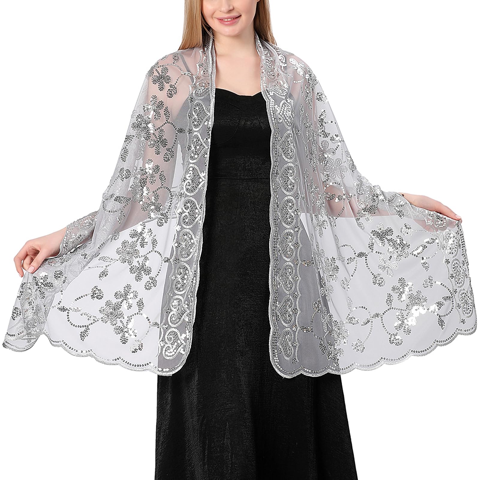 Ladiery Sequin Floral Shawls and Wraps for Evening Dresses,Women sparkly Sheer Mesh Wedding Shawls for Evening Party