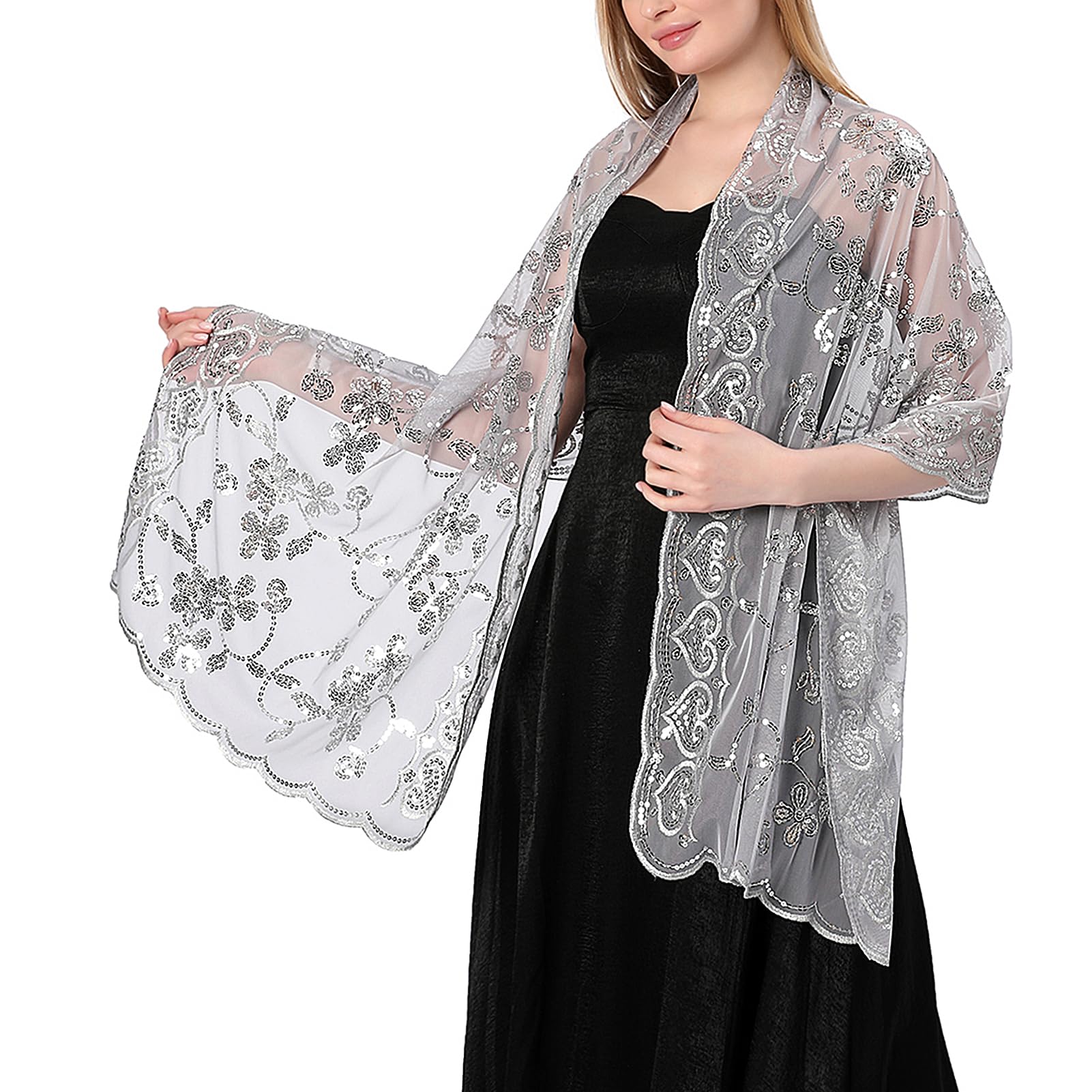 Ladiery Sequin Floral Shawls and Wraps for Evening Dresses,Women sparkly Sheer Mesh Wedding Shawls for Evening Party