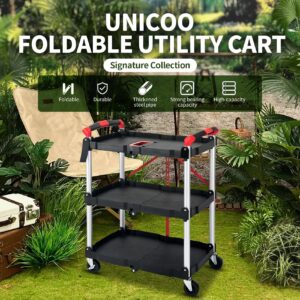 UNICOO Foldable Plastic Utility Cart, Heavy Duty, 3-Tier Rolling Service Cart with Lockable & Silent Wheels, Anti-Rust & Easy Clean for Restaurant, Office, Garage & More, 25.6x15.7x33.5 (Black + Red)