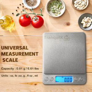 Tranquilk Digital Food Kitchen Scale with 2 Trays 3000g/0.1g High Accuracy Mini Digital Food Scale Measures in Grams and oz for Cooking, Baking,Jewelry, LCD Display (Batteries Included), Silver