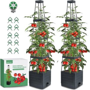 mqforu 2 packs tomato planter with trellis, 57" raised garden bed planters box for climbing vegetables plant, self watering tomato cages for garden pots for patio greenhouse indoor outdoor（2pcs）