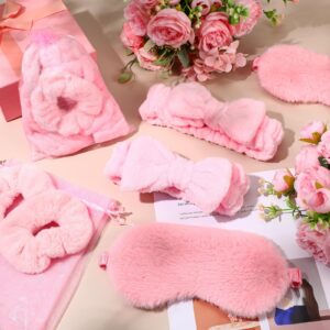 Mimorou 48 Pieces Spa Sleepover Party Supplies 12 Pink Spa Headband 12 Pink Plush Sleep Eye Mask 12 Pink Velvet Scrunchies 12 Organza Bags for Slumber Party Spa Party Favors Gift