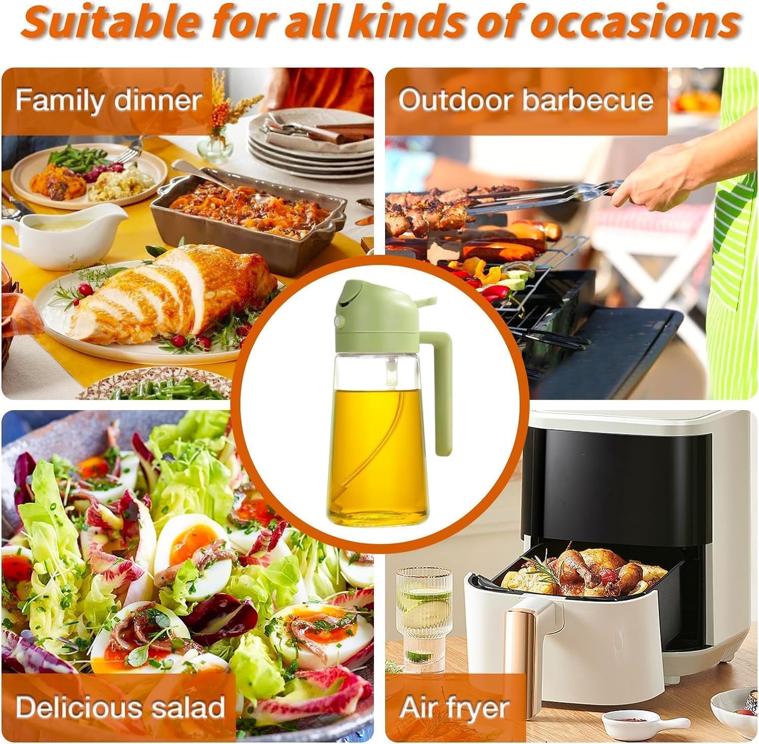 Oil Dispenser Bottle for Kitchen,2 in 1 Olive Oil Dispenser and Oil Sprayer,17oz/500ml Olive Oil Bottle,Oil Sprayer for Cooking,Premium Glass Oil Bottle,Oil Mister Kitchen,Salad,Barbecue(Green)