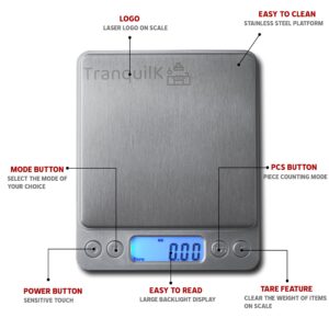 Tranquilk Digital Food Kitchen Scale with 2 Trays 3000g/0.1g High Accuracy Mini Digital Food Scale Measures in Grams and oz for Cooking, Baking,Jewelry, LCD Display (Batteries Included), Silver