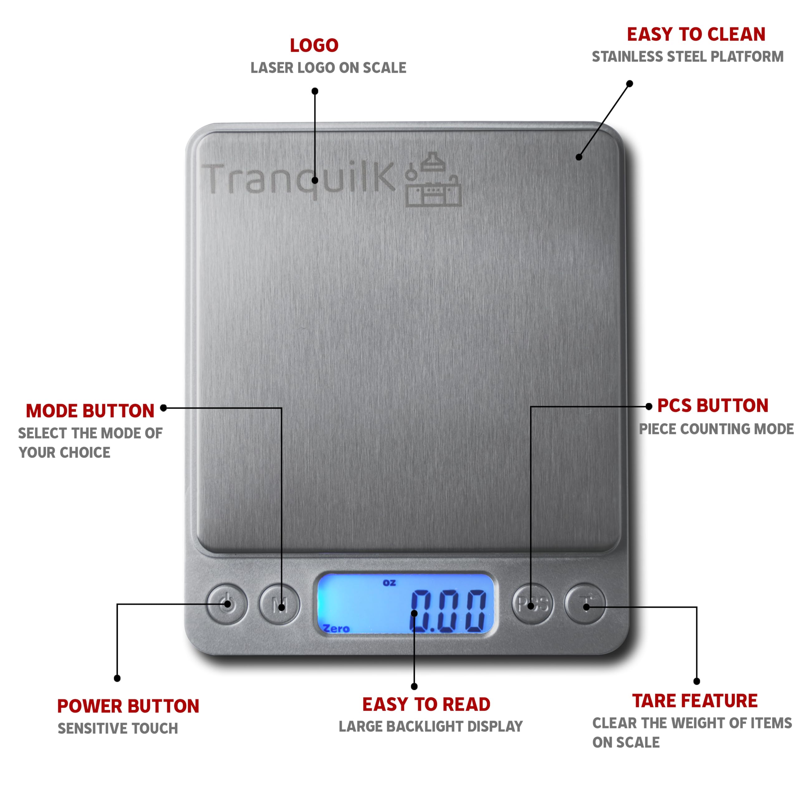 Tranquilk Digital Food Kitchen Scale with 2 Trays 3000g/0.1g High Accuracy Mini Digital Food Scale Measures in Grams and oz for Cooking, Baking,Jewelry, LCD Display (Batteries Included), Silver