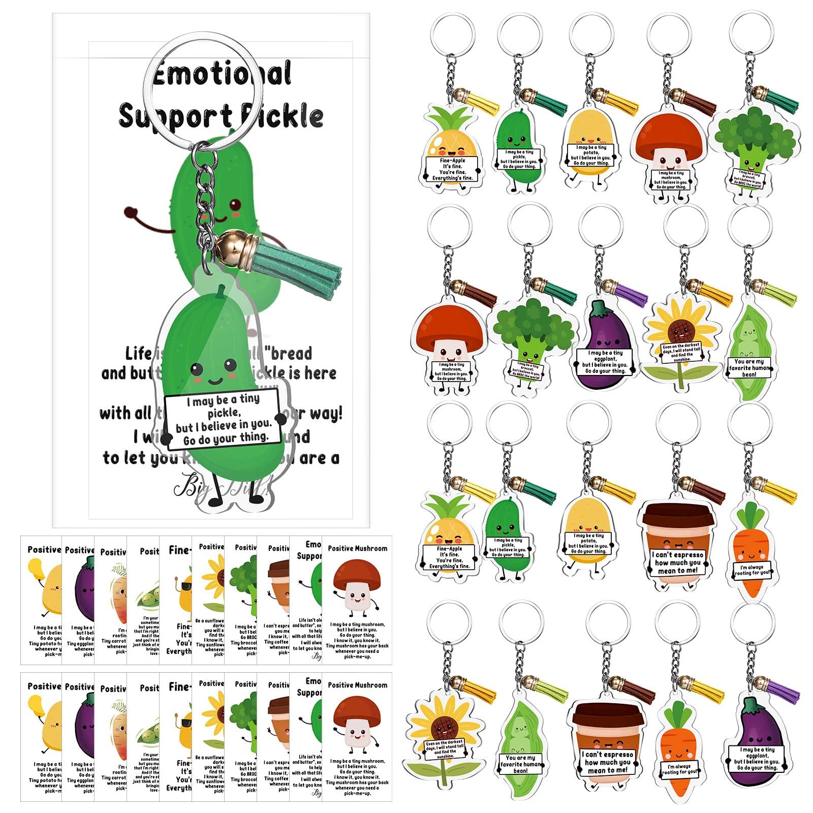 Siifert 20 Sets Emotional Support Keychain Bulk with Tassels Employee Appreciation Gift Acrylic Potato Pickle Mushroom Christmas Gift