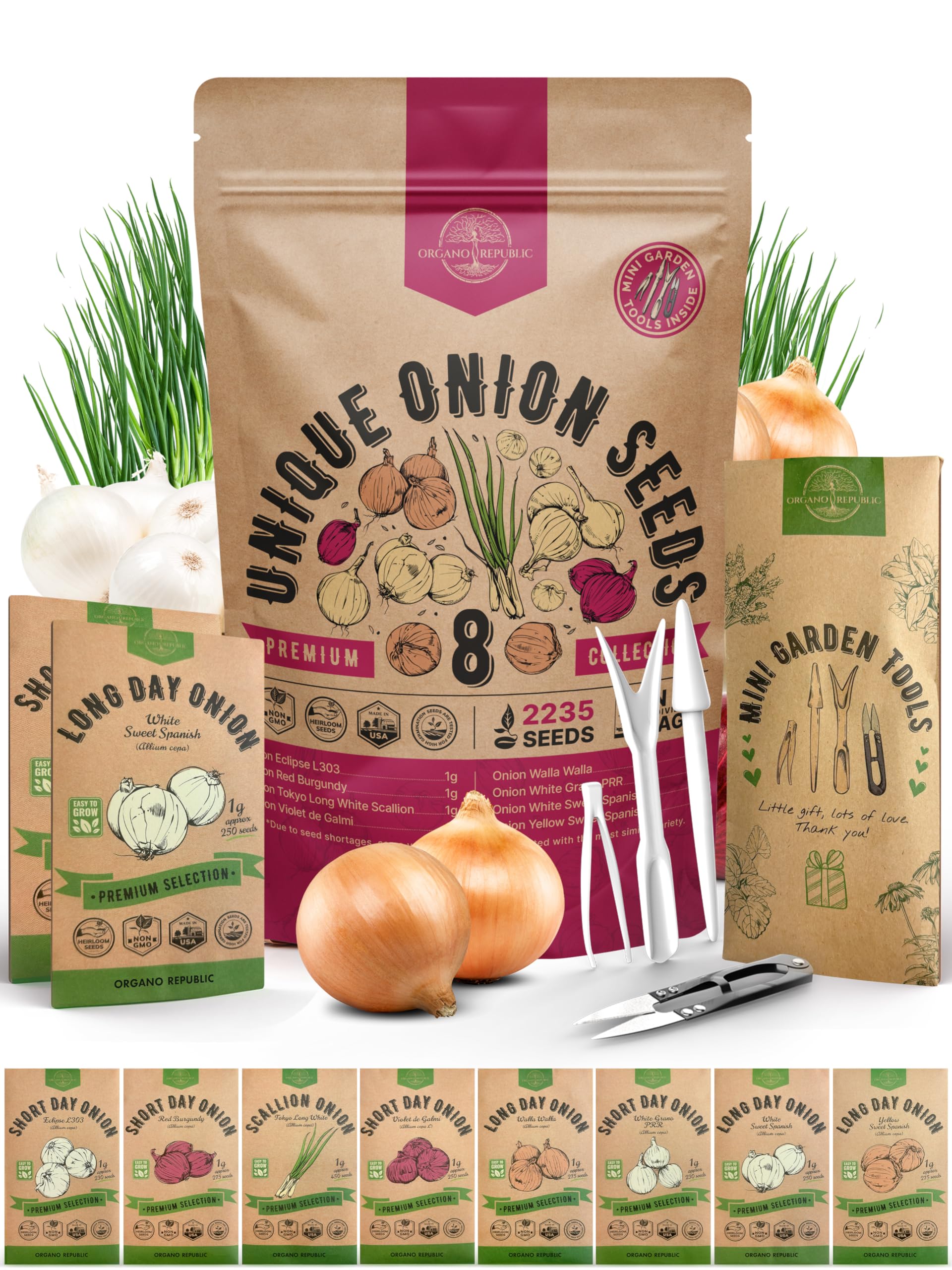 Organo Republic 8 Onion Seeds Variety Pack Heirloom, Non-GMO, Sets for Indoors, Outdoors Gardening. 2200+ Seeds: Walla Walla, Green Onion, Red Burgundy, White & Yellow Sweet Spanish Onions