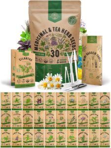 organo republic 30 medicinal & tea herb seeds variety pack 15,560+ non-gmo heirloom garden seeds for indoor & outdoors, including anise, bergamot, borage, cilantro, chamomile, dandelion seeds