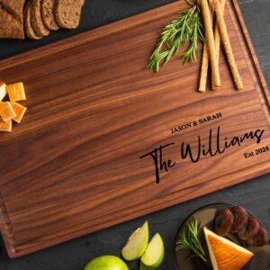 personalized cutting board, display stand & gift wrap - perfect bridal shower, wedding, housewarming, anniversary, birthday, couples & christmas gift idea - custom wood & size- handmade in usa