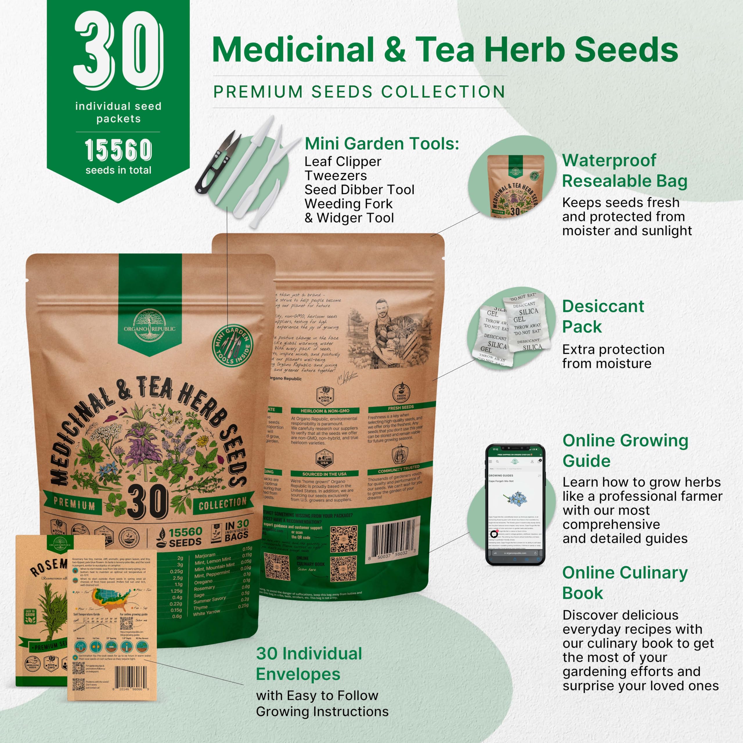 Organo Republic 30 Medicinal & Tea Herb Seeds Variety Pack 15,560+ Non-GMO Heirloom Garden Seeds for Indoor & Outdoors, Including Anise, Bergamot, Borage, Cilantro, Chamomile, Dandelion Seeds