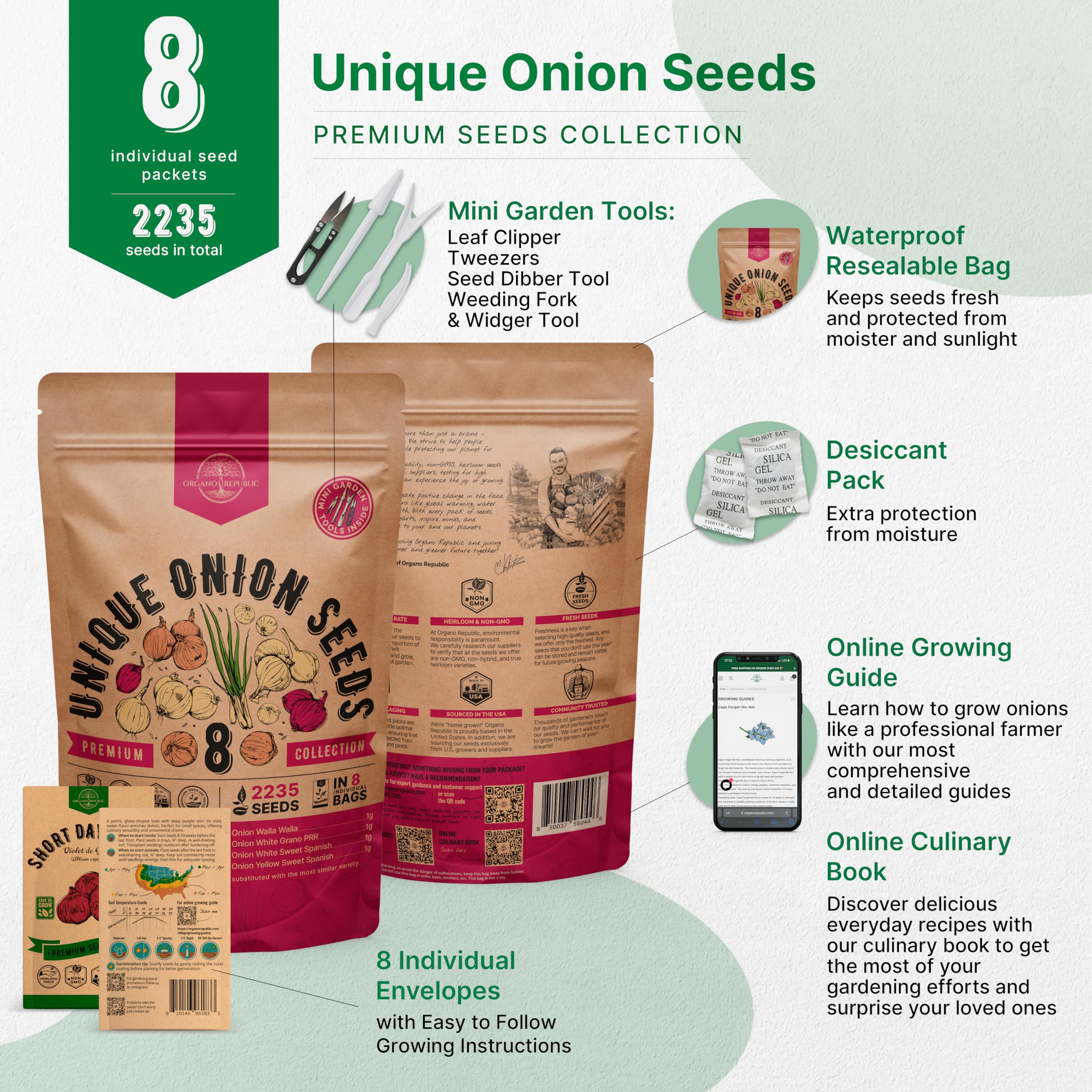 Organo Republic 8 Onion Seeds Variety Pack Heirloom, Non-GMO, Sets for Indoors, Outdoors Gardening. 2200+ Seeds: Walla Walla, Green Onion, Red Burgundy, White & Yellow Sweet Spanish Onions