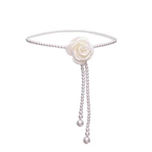 women camellia pearl belt for dress flower waist belt adjustable pearl waist chain belt body chain for wedding prom jewelry gift (white)