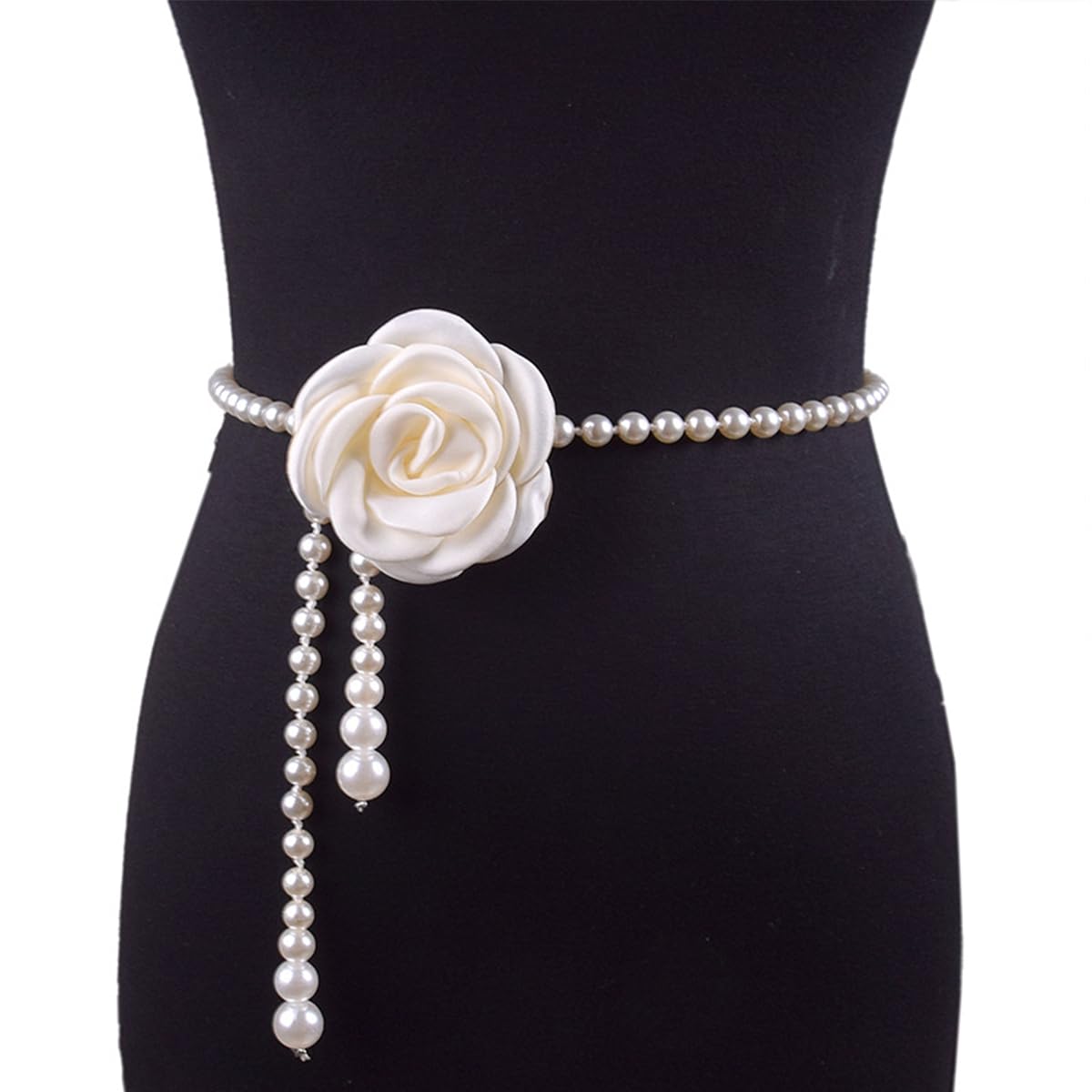 Women Camellia Pearl Belt for Dress Flower Waist Belt Adjustable Pearl Waist Chain Belt Body Chain for Wedding Prom Jewelry Gift (White)