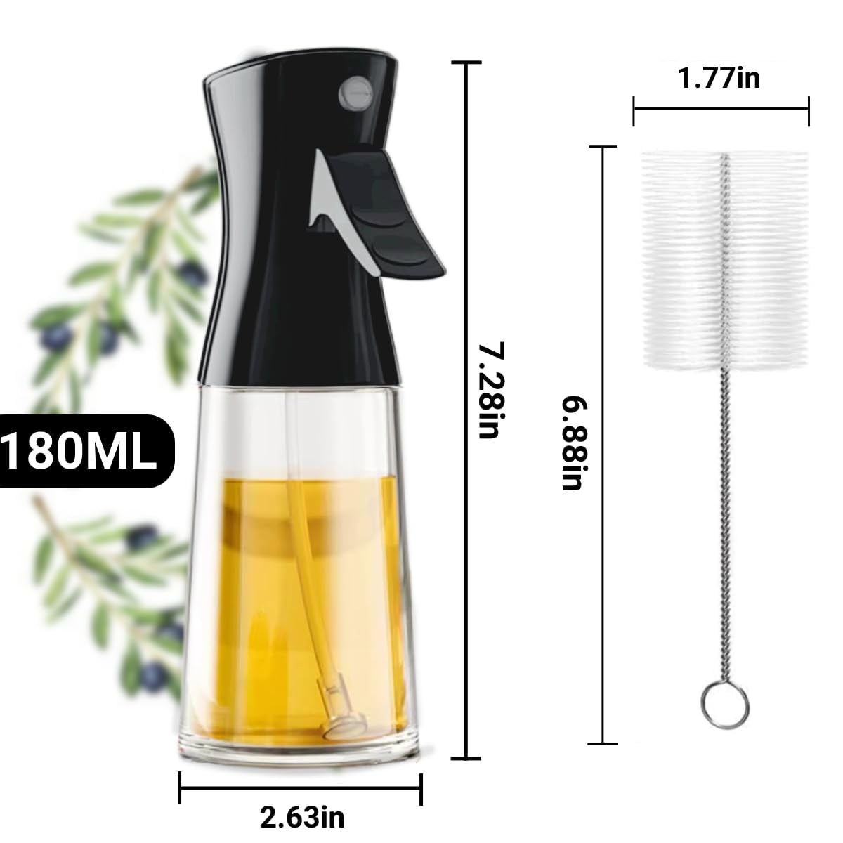 Leaflai Oil Sprayer for Cooking - 180ml Glass Olive Oil Sprayer Mister with Brush, Olive Oil Dispenser Bottle, Thick Glass, Kitchen Gadgets Accessories