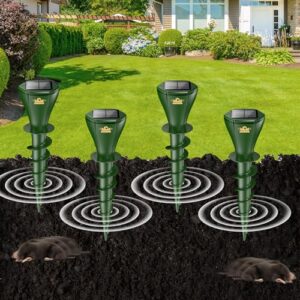 mole repellent for lawns, solar powered | patent screw-shape-stake design | ip65 waterproof, varying sonic and vibration to expel mole gopher snake vole, for lawn garden & yard (4pc)