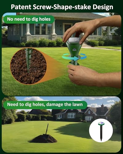 Mole Repellent for Lawns, Solar Powered | Patent Screw-Shape-Stake Design | IP65 Waterproof, Varying Sonic and Vibration to Expel Mole Gopher Snake Vole, for Lawn Garden & Yard (4pc)