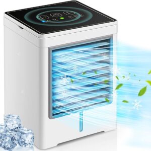 portable air conditioners, personal evaporative air cooler with 3 wind speeds touch screen mini air conditioner, portable ac unit fan with 1-6h timer for room, desk, tent, bedroom, car, rv and camping