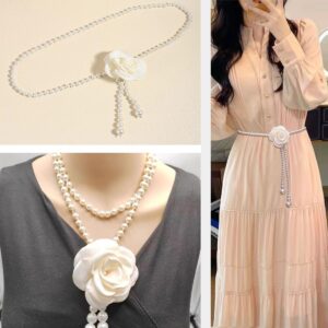 Women Camellia Pearl Belt for Dress Flower Waist Belt Adjustable Pearl Waist Chain Belt Body Chain for Wedding Prom Jewelry Gift (White)