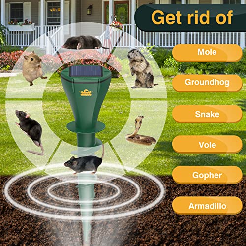 Mole Repellent for Lawns, Solar Powered | Patent Screw-Shape-Stake Design | IP65 Waterproof, Varying Sonic and Vibration to Expel Mole Gopher Snake Vole, for Lawn Garden & Yard (4pc)