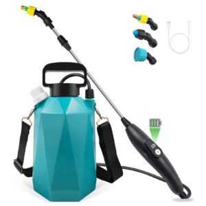 battery powered garden sprayer, electric pump sprayer 1 gallon with 3 nozzles, usb rechargeable handle, telescopic wand, portable water sprayer with adjustable shoulder strap for lawn and garden