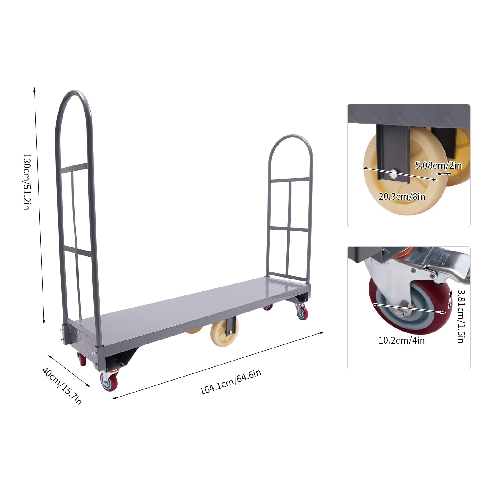 Platform Hand Truck, 64.6L x 51.2H Narrow Aisle Heavy Duty Steel Dolly U-Boat Cart w/6 Wheels,Industrial Transportation Mobile Equipment Trolleys, 2000lbs Capacity with Dual Removable Handles