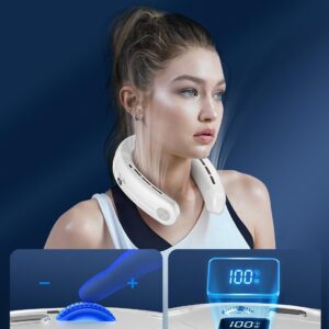 aanotoee Neck Air Conditioner Pro, 100 Speeds Neck Fan Rechargeable, LED Display Cooling Neck Fan, 4000mAh Portable Neck Fan Air Conditioner with 3D Ice Feeling Breathable Neck Brace(White)