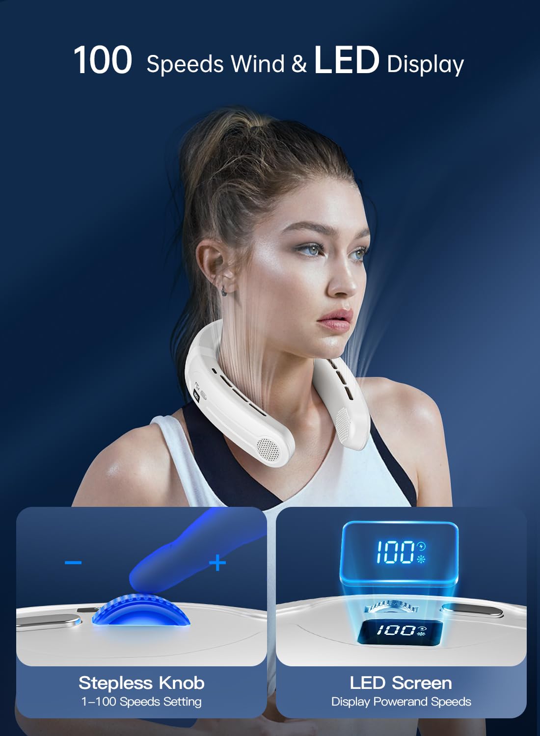 aanotoee Neck Air Conditioner Pro, 100 Speeds Neck Fan Rechargeable, LED Display Cooling Neck Fan, 4000mAh Portable Neck Fan Air Conditioner with 3D Ice Feeling Breathable Neck Brace(White)