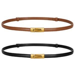 leacoolkey 2 pack women skinny leather belts ladies vintage gold buckle thin waist belts for dresses black+brown