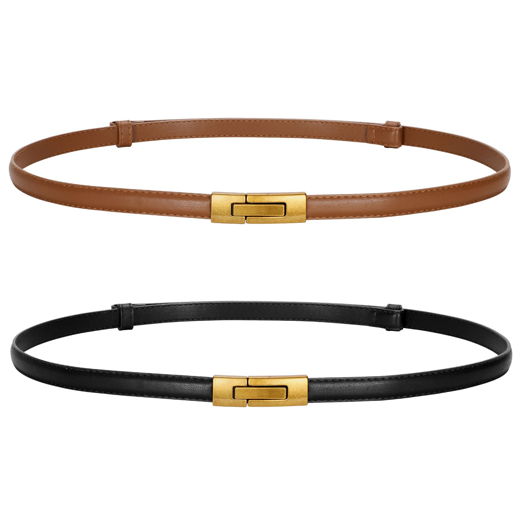 LEACOOLKEY 2 Pack Women Skinny Leather Belts Ladies Vintage Gold Buckle Thin Waist Belts for Dresses Black+Brown