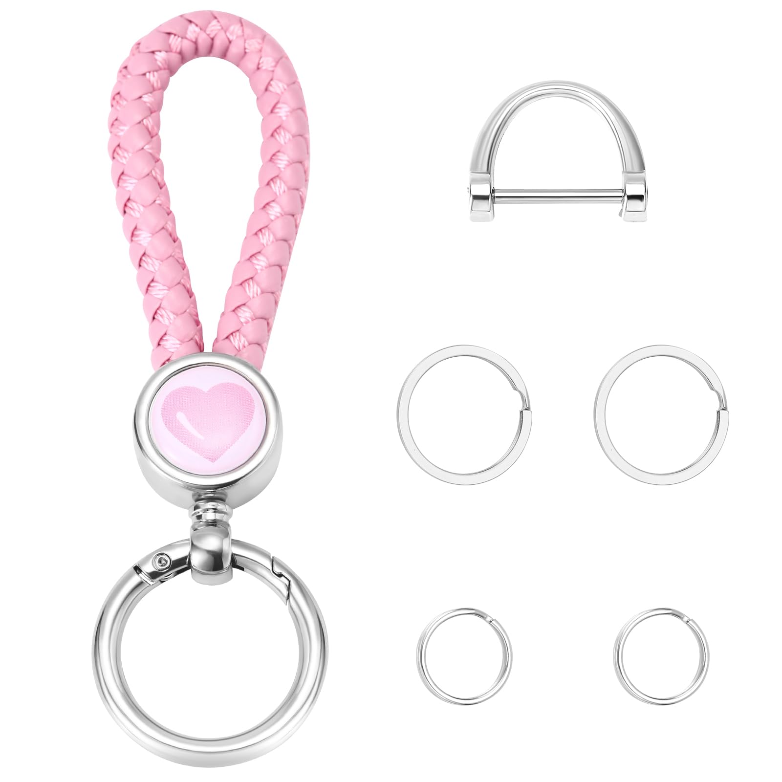 Weixiltc Braided Rope Keychain, Car Key Chain Holder with 4 Key Ring and Anti-Lost D Ring, Personalized Gift for Women (Pink)