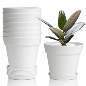 t4u 4 inch plant pots 8-pack - small plastic planter with drainage hole and saucer, decorative nursery pot bulk for african violet, snake plant, succulent and all house plants indoor (white)