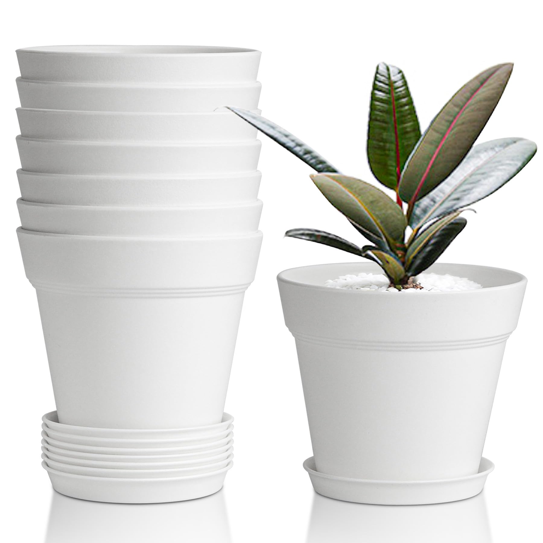 T4U 4 Inch Plant Pots 8-Pack - Small Plastic Planter with Drainage Hole and Saucer, Decorative Nursery Pot Bulk for African Violet, Snake Plant, Succulent and All House Plants Indoor (White)