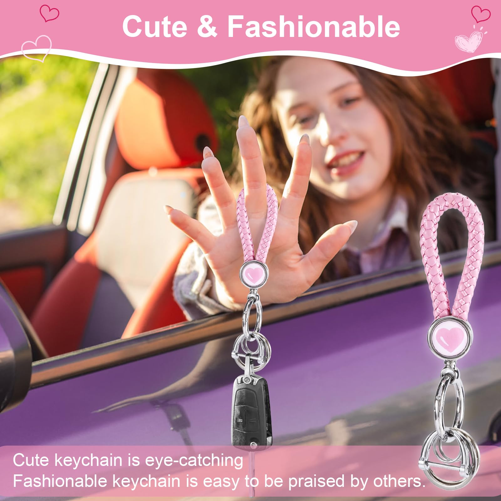 Weixiltc Braided Rope Keychain, Car Key Chain Holder with 4 Key Ring and Anti-Lost D Ring, Personalized Gift for Women (Pink)