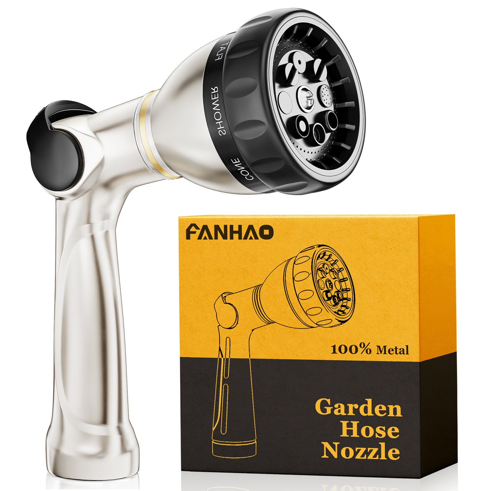 FANHAO Professional Garden Hose Nozzle Heavy Duty, 100% Metal Thumb Control Water Hose Sprayer with 8 Spray Patterns, High Pressure Water Nozzle for Watering Plant & Lawn, Washing Car & Pet