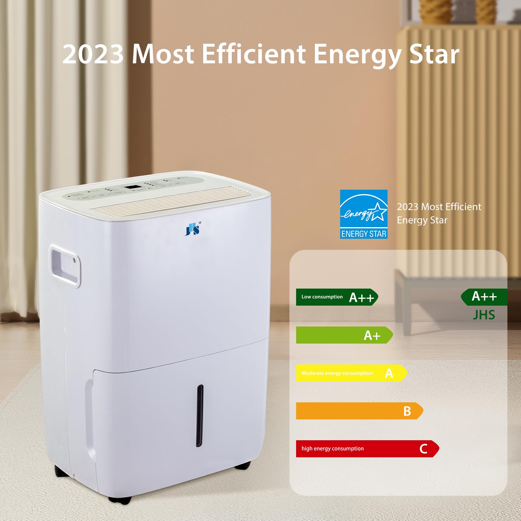 JHS 50 Pints Dehumidifier for Spaces up to 4,500 sq. ft at Home with Drain Hose, Reusable Air Filter, and 2.1 Gal Water Bucket, Perfect for Bedrooms Bathrooms Basements