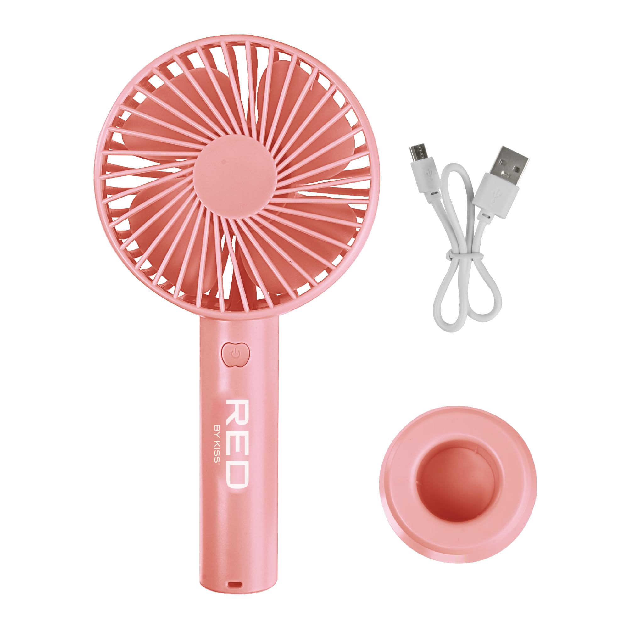 Red by Kiss Handheld Fan, Mini Portable Personal Desk Fan with USB Rechargeable, 3 Speed Long Lasting Powerful Small Fan for Makeup Travel Home Office Lace Wig Eyelash Face Nail (Pink)