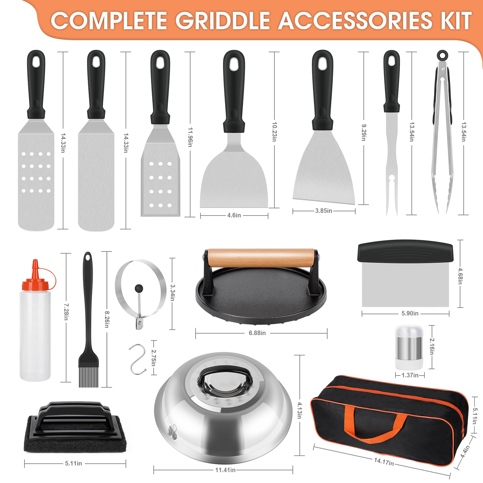 Fjzoys Griddle Accessories Kit, 29 PCS Flat Top Grill Accessories Set for Blackstone and Camp Chef, Metal Grill Spatula Set with Basting Cover, Burger Press, Tongs, Carry Bag for Outdoor Grilling BBQ