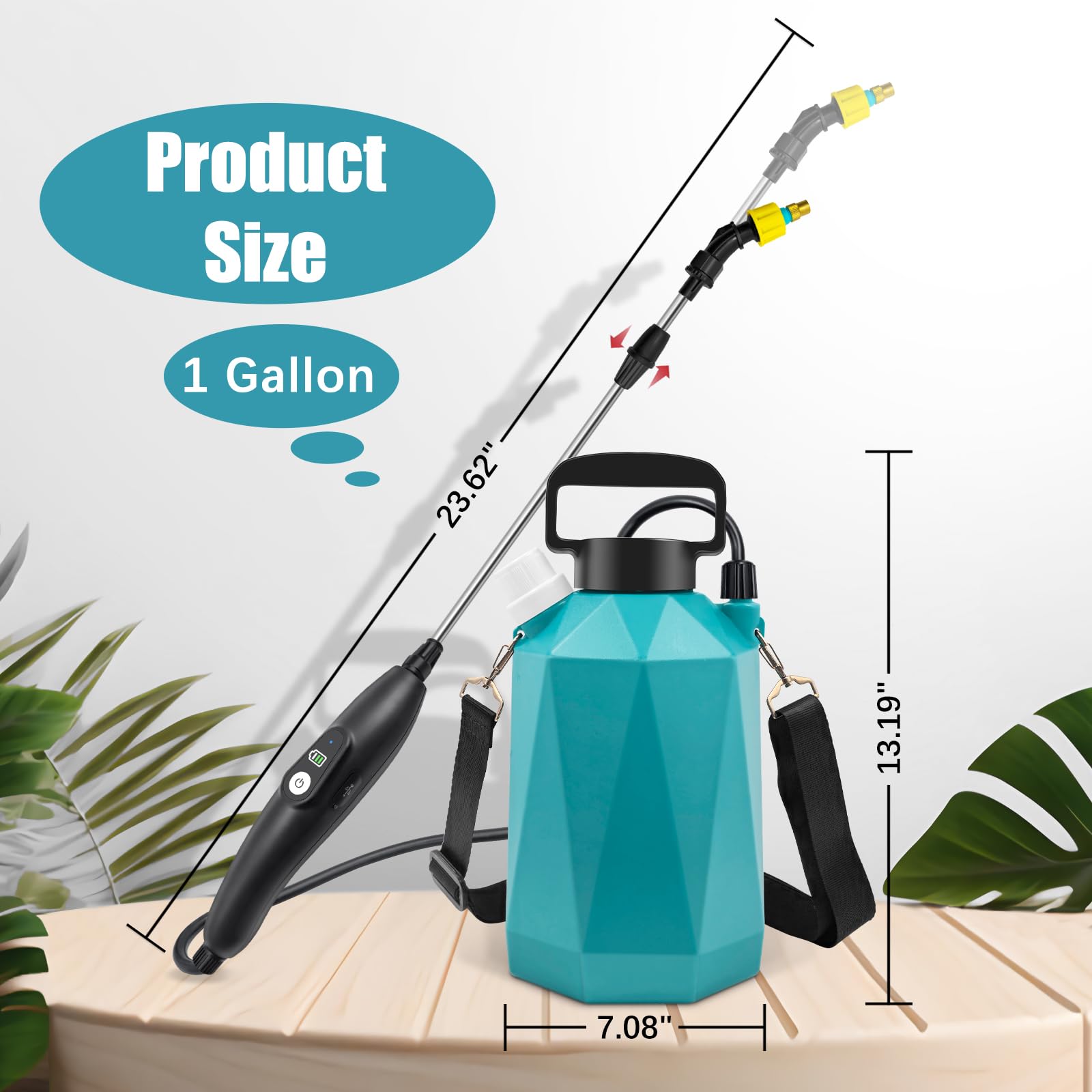 Battery Powered Garden Sprayer, Electric Pump Sprayer 1 Gallon with 3 Nozzles, USB Rechargeable Handle, Telescopic Wand, Portable Water Sprayer with Adjustable Shoulder Strap for Lawn and Garden