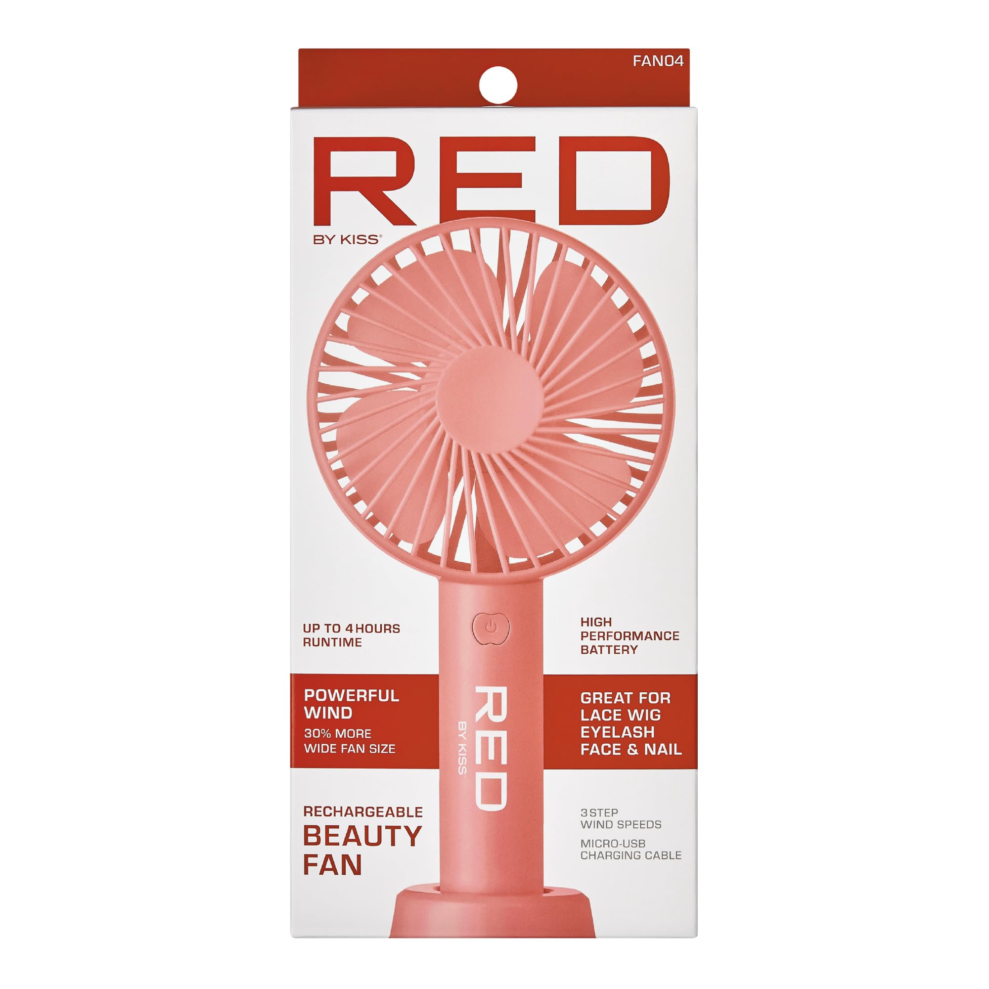 Red by Kiss Handheld Fan, Mini Portable Personal Desk Fan with USB Rechargeable, 3 Speed Long Lasting Powerful Small Fan for Makeup Travel Home Office Lace Wig Eyelash Face Nail (Pink)